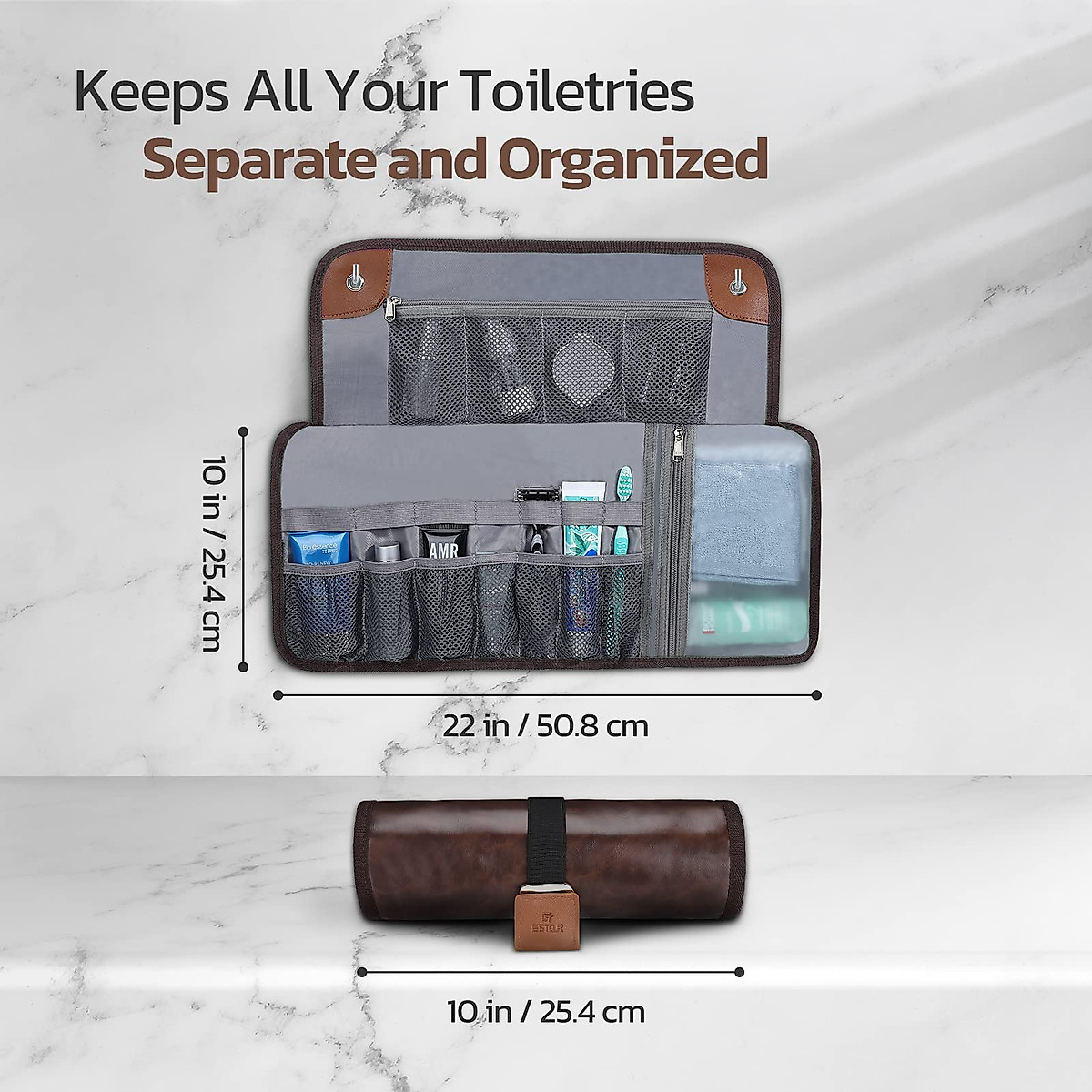 Toiletry Bag for Men, Travel Essentials Travel Toiletry Bag, Water-Resistant Compact Bathroom Roll Organizer for Hygiene, Shaving kit, Valentines Day Gifts for Him(1.Chic Brown(PU Leather))