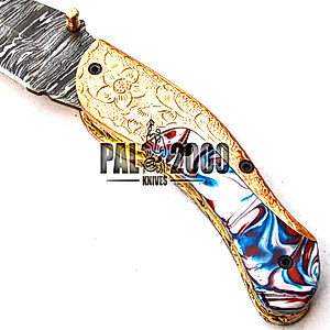 PAL 2000 HUNTING KNIVES FPK-9779 Folding Hunter Damascus Steel Pocket Knife with Sheath Handmade