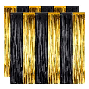 2Pack Foil Fringe Curtains,3.28 X 6.5ft Streamers Backdrop, Fringe Backdrop Tinsel Curtains for Christmas Halloween Party Photo Backdrop Wedding Decor Birthday (Black&Gold, 3.28 X 6.5ft)