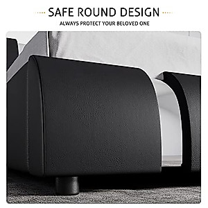 SHA CERLIN Bed Frame Queen Size with Iron Pieces Decor and Adjustable Headboard/Modern Faux Leather Deluxe Upholstered Platform Bed with Solid Wooden Slats Support/No Box Spring Needed, Black