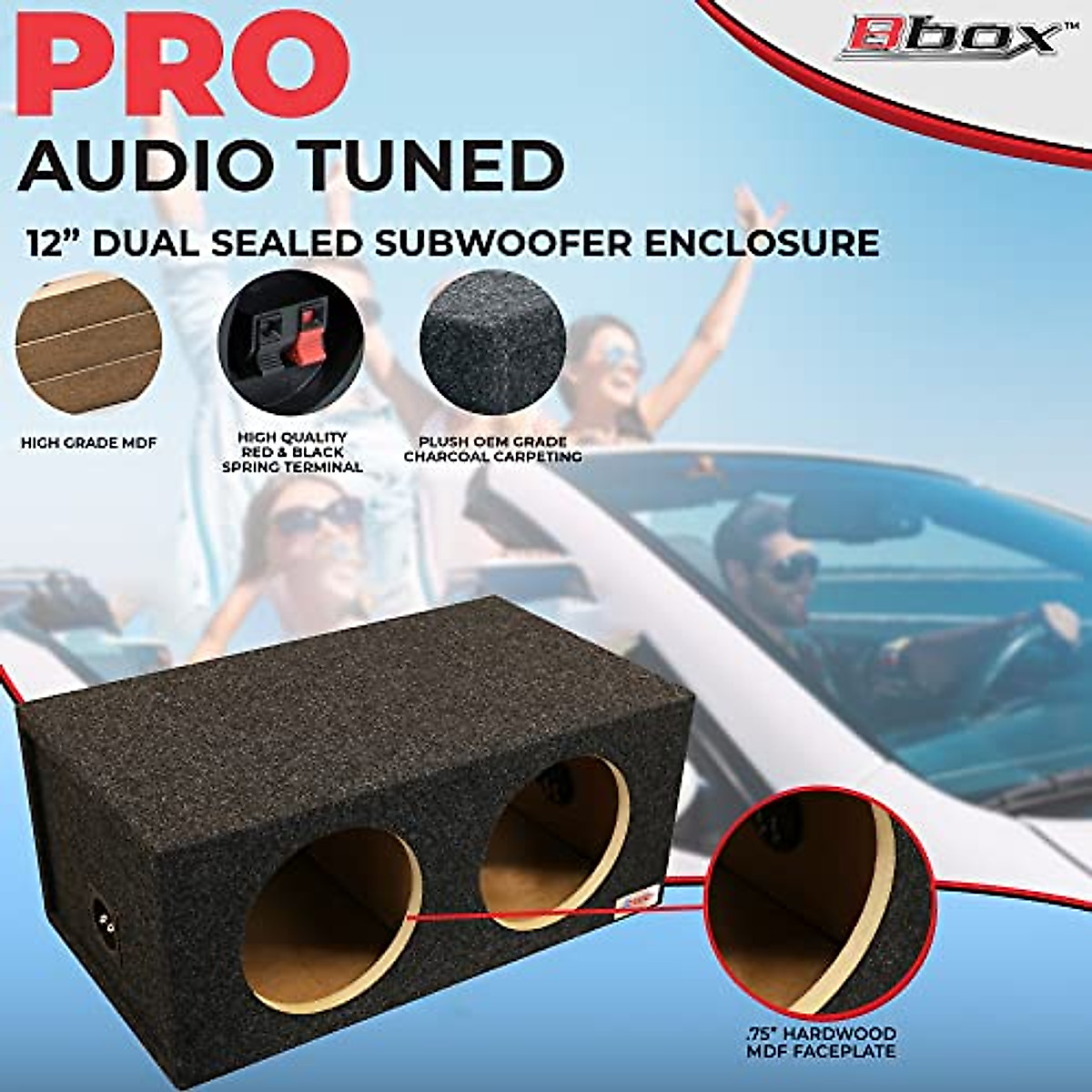 Bbox Dual Sealed 12 Inch Subwoofer Enclosure - SPL Tuned Car Subwoofer Boxes & Enclosures - Premium Subwoofer Box Improves Audio Quality, Sound & Bass - Nickel Finish Subwoofer Terminals - Charcoal