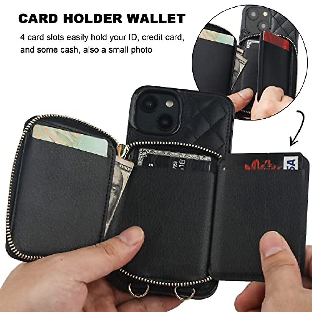 Bocasal Crossbody Wallet Case for iPhone 14, RFID Blocking PU Leather Zipper Handbag Purse Flip Cover, Kickstand Folio Case with Card Slots Holder Wrist Strap Lanyard 5G 6.1 Inch (Black)