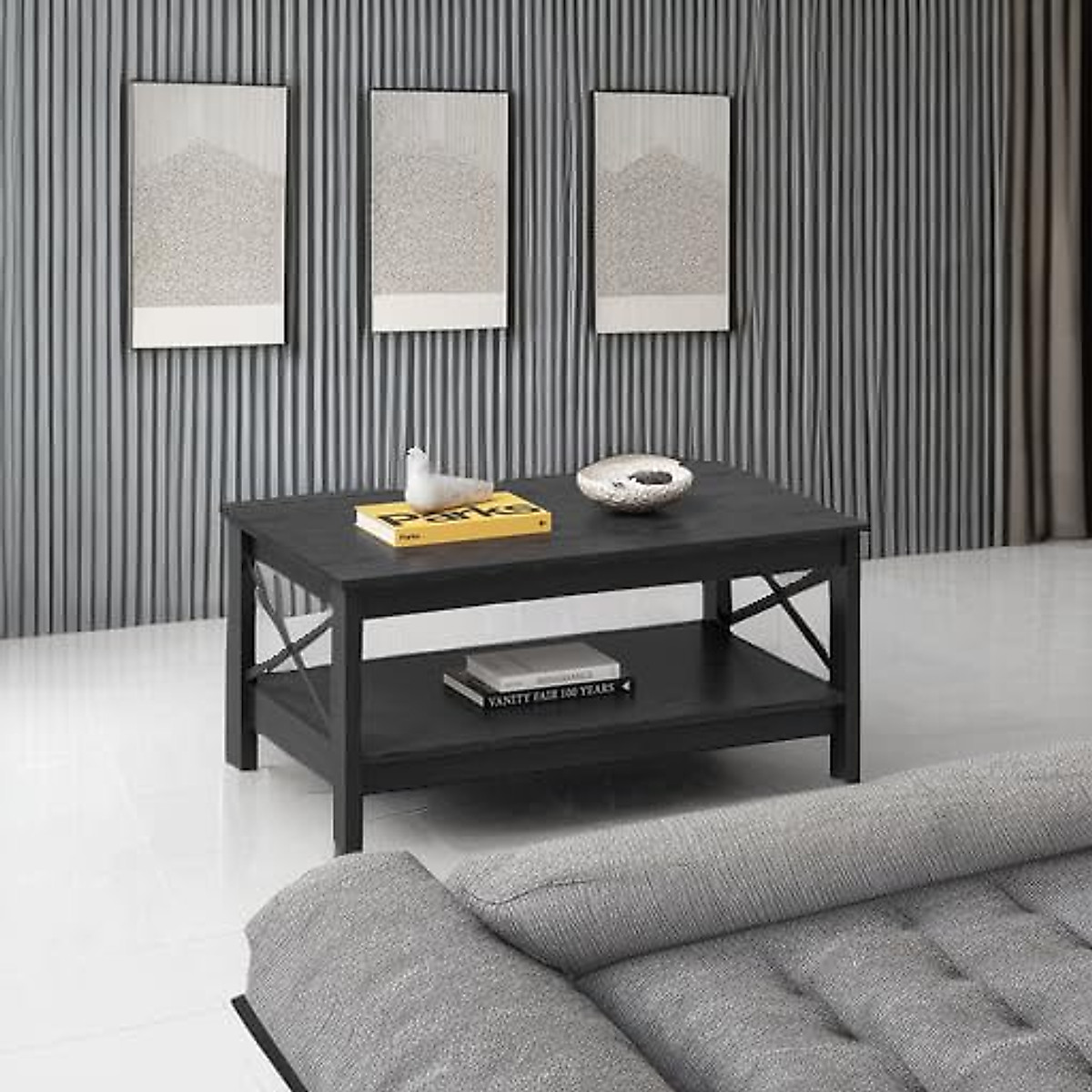 YITAHOME Coffee Table for Living Room,Modern Farmhouse Coffee Table with Storage,2-Tier Center Table for Living Room Wood Living Room Table Accent Cocktail with Sturdy Frame,Black