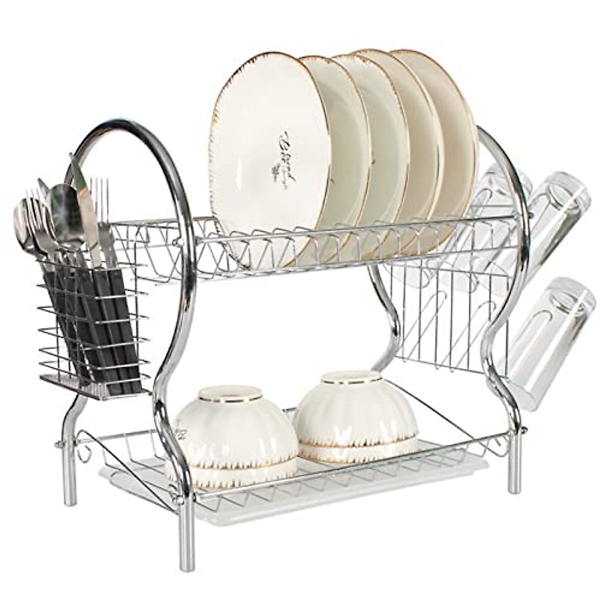 2 Layer 38cm Dish Drainerd Dual Layer Dish Drying Rack Kitchen Collection Shelf Drainer Organizer Over The Sink Mesh Colander Crate and Barrel (Silver, One Size)