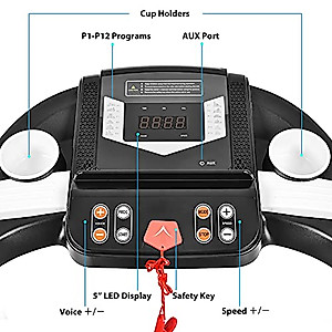 STARTOGOO Folding Electric Treadmill for Home, Folding Jogging Running Machine Portable Treadmills w/ 3-Level Auto Incline, 5" Large LED Display, Speakers, MP3 & Audio Auxiliary Port, 12 Speeds,Black