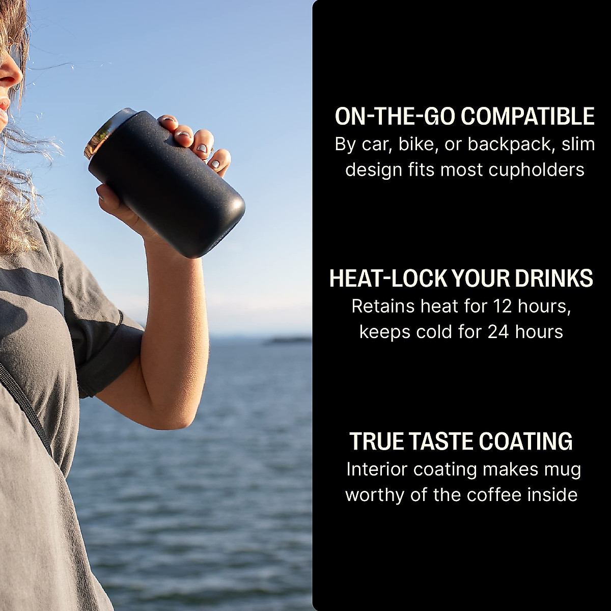 Fellow 16 oz Carter Move Travel Mug - Vacuum-Insulated Stainless Steel Travel Coffee Mug - Coffee Tumbler with Ceramic Interior and Splash Guard - Matte Black