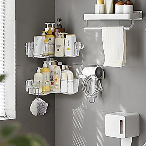 YEUIKERR 2 Pack Corner Shower Caddy Shelf Acrylic Clear Bathroom Corner Shower Organizer with Hook, Adhesive Wall Mounted Plastic Corner Shower Shelves for Bathtub, Dorm, Kitchen, No Drilling