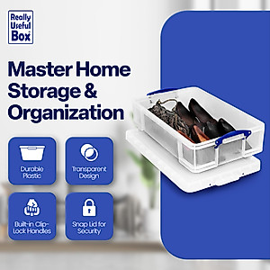 Really Useful Box 33 Liter Plastic Stackable Storage Container with Snap Lid & Built-In Clip Lock Handles for Home or Office Organization, Clear