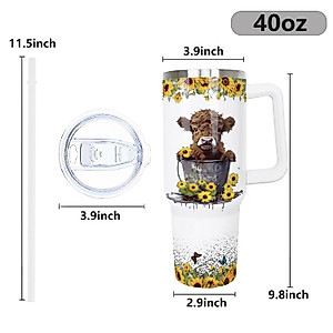 ZNYYZYBA 40 oz Tumbler with Handle and Straw, Highland Cow Tumbler with Leak Proof Lid, Reusable Stainless Steel Insulated Travel Coffee Mug, Highland Cow Gifts for Cow Lovers, white brown