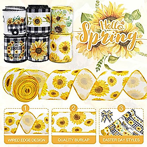 Whaline 36 Yard Sunflower Wired Edge Ribbon 6 Roll 2.5 Inch Buffalo Plaids Flower Fabric Ribbon Spring Summer Floral Decorative Craft Ribbon for Gift Wrapping Decor Hair Bow Sewing Wreath Crafts