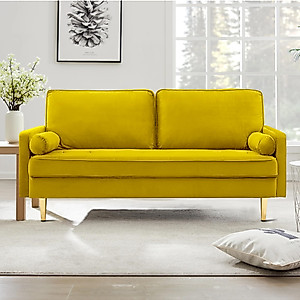 Hdxdkog Velvet Loveseat Sofa, 66.9'' Mid Century Modern Small Love Seats with 2 Pillows & Golden Legs Comfy Couch for Living Room, Upholstered 2 Seater Sofa for Small Apartment (Yellow)
