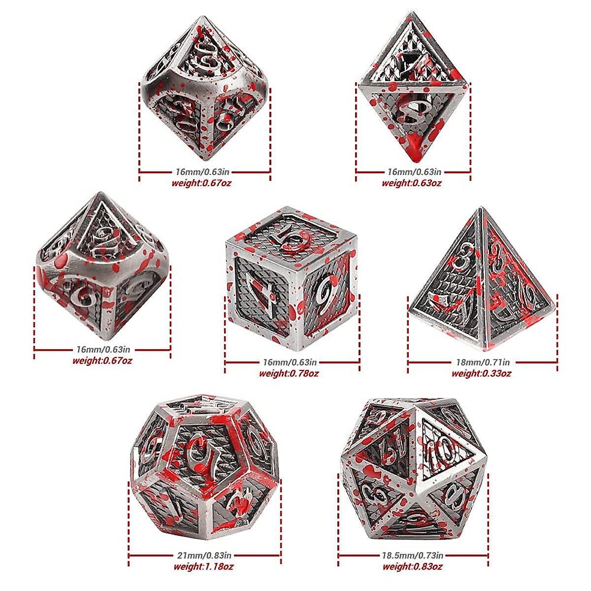 Bloodstained Metal DND Dice Set of 7Pcs with Storage Box, Dragon Scale D&D Dice Set with Oversized D20 for Tabletop Roleplaying Games, Dungeons and Dragons, DND, D&D