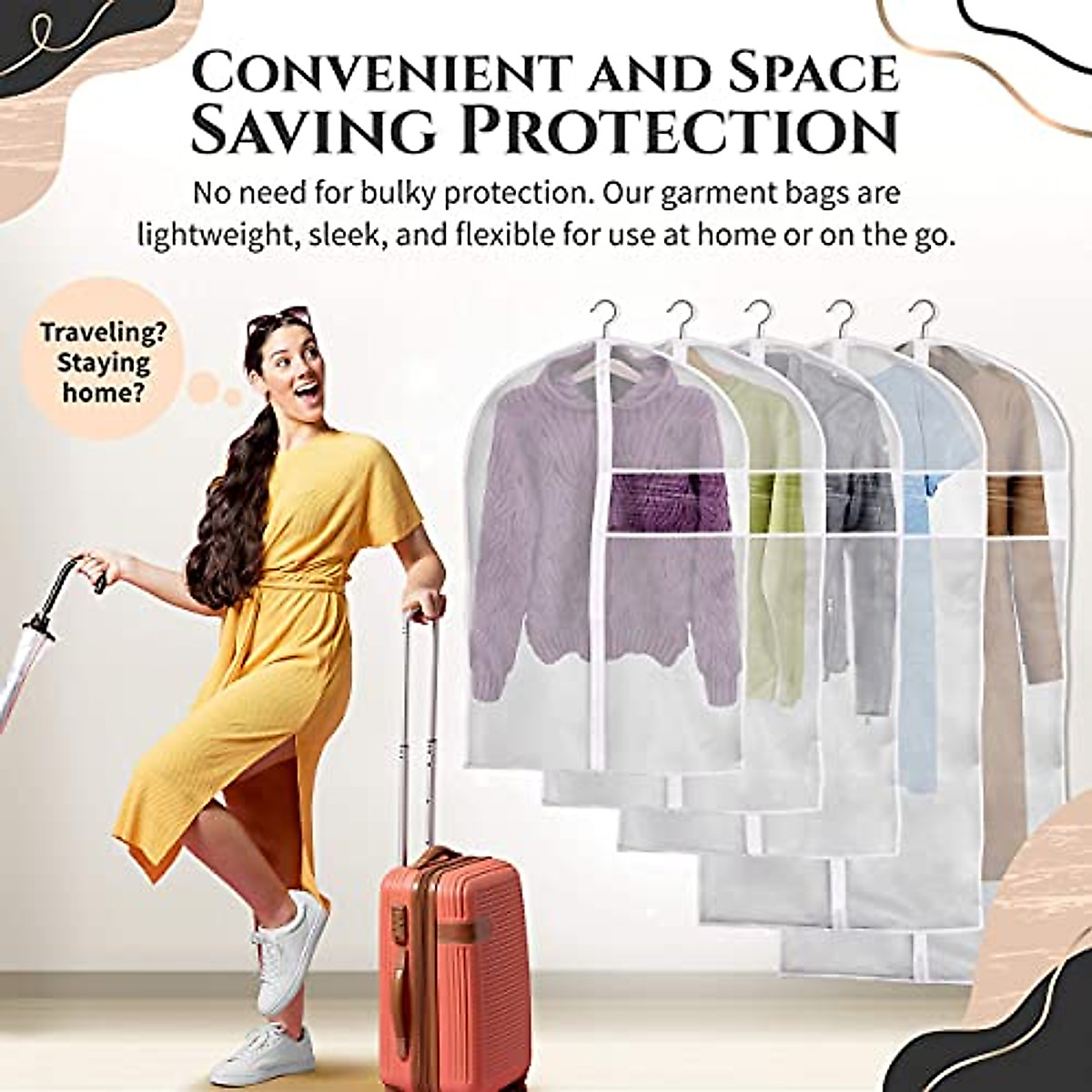 KUVR Clear Plastic Garment Bags for Hanging Clothes, Dress Bag Suit Bags for Closet Storage, Zippered Clothes Cover, Hanging Garment Bags Dance Costumes Clothing Protector - 43"(4 pc) 55"(2 pc) 6 pack