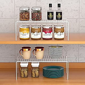 GEDLIRE Mini Kitchen Cabinet Shelf Organizers Set of 4, Small White Wire Storage Shelves Rack for Pantry, Metal Dish Plate Organizer Rack for Cabinet, Cupboard, Kitchen Organizers and Storage