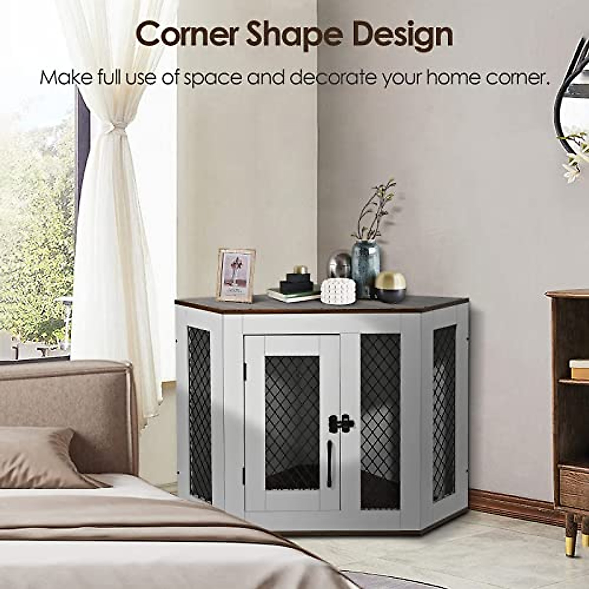 BOEASTER Corner Dog Crate Furniture, Wooden Dog Kennel End Table with Door Furniture Style Dog House Pet Crate Indoor Use for Small Medium Dogs (L38.65 x W23.03 x H26.3in)