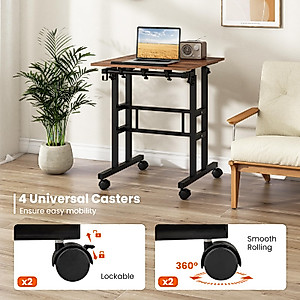 Tangkula Mobile Standing Desk, Height-Adjustable Laptop Podium Cart with Tilting Tabletop & Adjustable Angle, Rolling Stand Up Computer Desk with 2 Hanging Hooks & Lockable Casters for Home Office