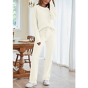 MEROKEETY Womens Fuzzy Fleece Long Sleeve 2 Piece Loungewear Outfits Sweater Pants Pajama Sets, Beige, Large