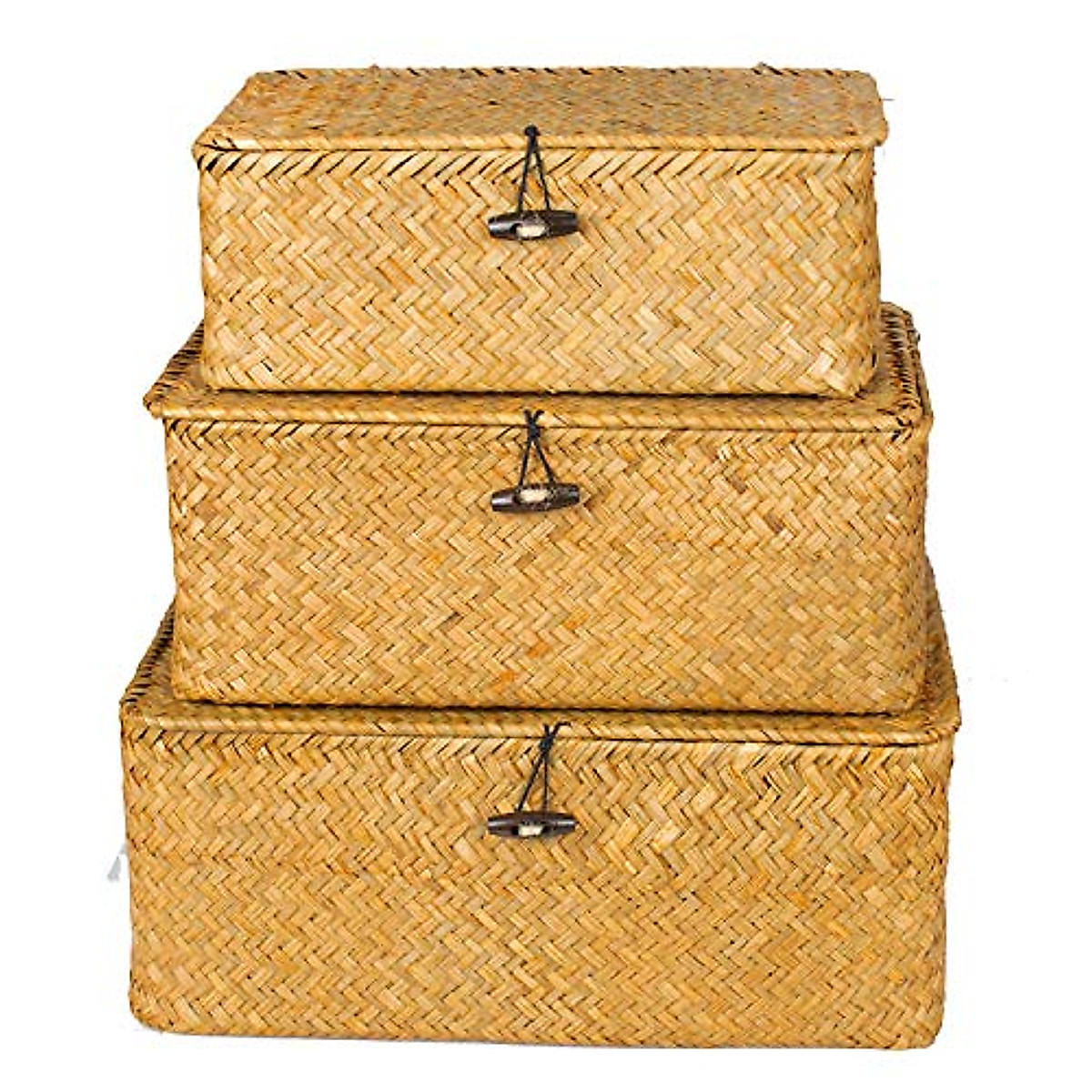 Yesland Shelf Baskets with Lid Set of 3, Handwoven Seagrass Storage Bins Box Rectangular Seagrass Basket Storage Organizer Wicker Basket for Shelf