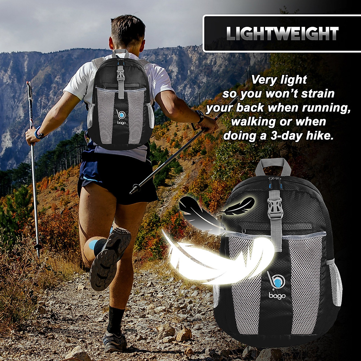 bago Lightweight Small Hiking Backpack for Women and Men - 25L Travel Day Pack - Foldable Hiking Daypack Ultralight for Camping Outdoor Sports - Day Bag Packable Backpack for Travel (Black)