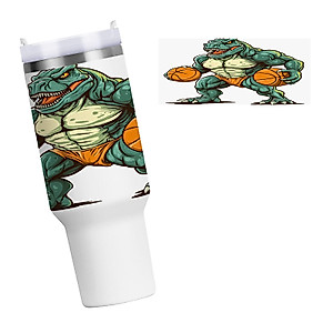 Jihqo Dinosaur Playing Basketball 40 oz Stainless Steel Vacuum Insulated Tumbler with Handle and Straw Lid Reusable Leakproof Water Bottle Double Wall Travel Mug Coffee Cup, Cupholder Friendly