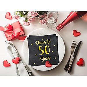 Cheers to 50 Years Cocktail Napkins | Happy 50th Birthday Decorations for Men and Women and Wedding Anniversary Party Decorations | 50-Pack 3-Ply Napkins | 5 x 5 inch folded (Black)