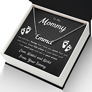 Name Necklace Baby Feet Heart Necklace Baby Gift Set To My Mommy Necklaces For Women Gifts for New Mom Baby Shower Gifts for Mom To Be Pregnancy Gifts for First Time Pregnant Moms Christmas Gift for Wife (Standard Box, Baby Bump Custom Name)