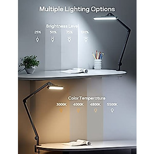 MediAcous LED Desk Lamp, Metal Polarized Architect Clip Light with Gesture Sensing Switch, Eye-Caring Dimmable Swing Arm Desk Lamp with Clamp for Home Office, 4 Color Modes & Brightness Levels