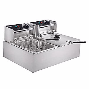 ROVSUN 22.8QT/21.6L Electric Deep Fryer w/Baskets & Lids, Countertop Commercial Stainless Steel Dual Tank Kitchen Fat Fryer Frying Machine for French Fries, Donuts, Adjustable Temperature, 5000W