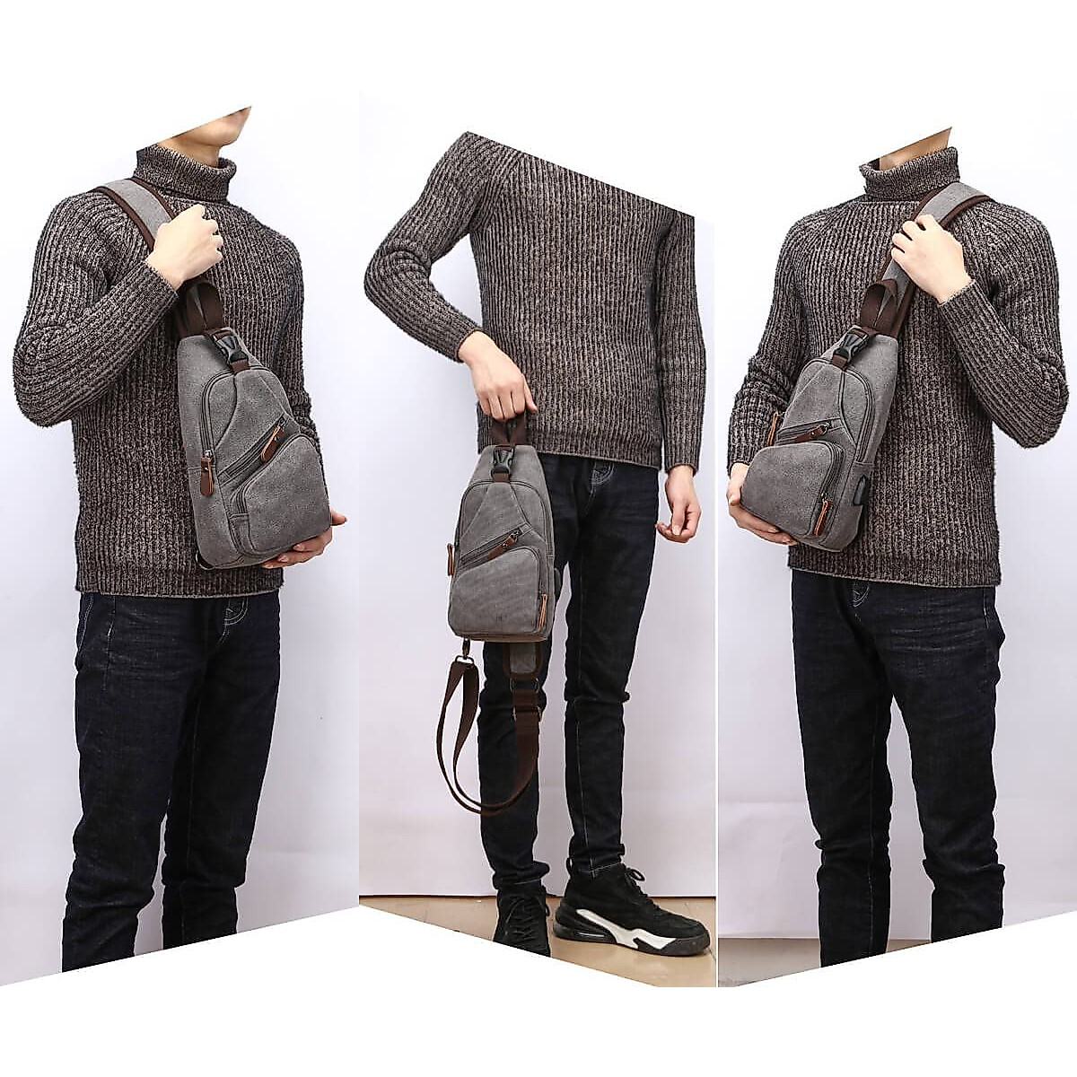 Canvas Sling Bag Crossbody Backpack Shoulder Casual Rucksack for Men Women Outdoor Cycling Hiking Travel Fishing Black