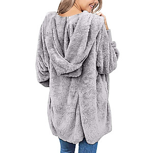 LookbookStore Women 2024 Winter Coats for Women Teddy Jackets Cozy Sweater Fluffy Jackets Women Fuzzy Oversized Cardigan Hooded Coatigan Light Grey Hooded Cardigan Trendy Bed Jacket Size L Size 12 14