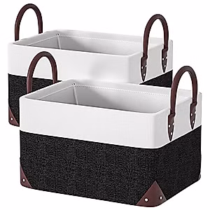 Foldable Storage Bins Baskets - Decorative Linen Fabric Storage Baskets with Steel Frame and PU Leather Handles for Organizing Shelf Closet
