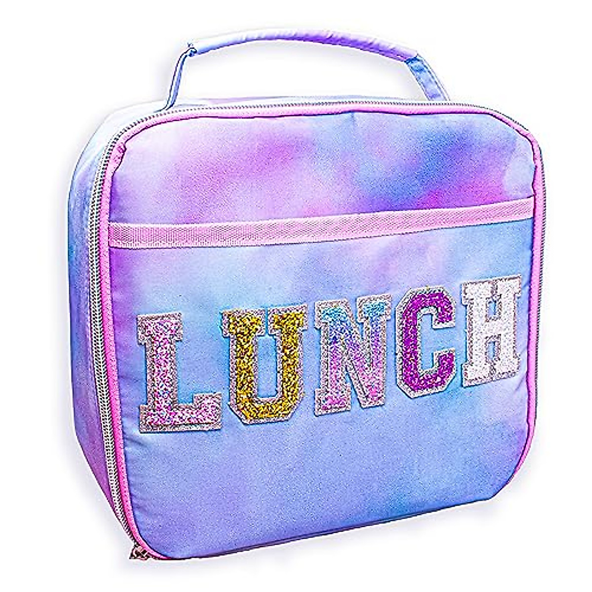 FROG SAC Kids Lunch Bag for Girls, Reusable Insulated Preppy Tie Dye Glitter Varsity Letter Patch Lunch Box, Cute Soft Back to School Tween Lunchbox