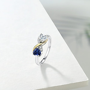 Gem Stone King 925 Sterling Silver and 10K Yellow Gold Blue Created Sapphire and White Moissanite (0.96 Cttw, Heart 5MM, Available In Size 5, 6, 7, 8, 9)