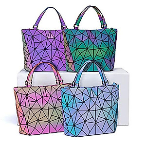 Women Handbags Geometric Luminous Bag PU Leather Shard Lattice Holographic Purse Ladies Shoulder Bag (3136M RED)