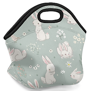 Insulated Neoprene Lunch Bag for Women Men Kids Cute Rabbit Bunny Flower Lunch Box Reusable Small Lunch Tote Bag Cooler Bag for School Work Picnic