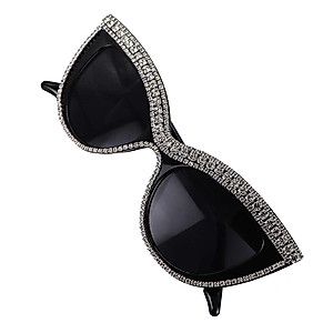 FUPRECIOUS Cat Eye Sunglasses Bling Rhinestones Crystal Black Plastic Frame Eyewear