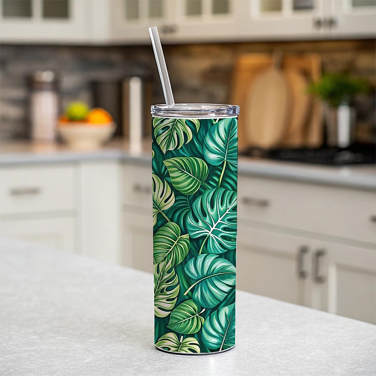 Monstera Leaves Pattern Skinny Tumbler 20oz with Straw Insulated Water Bottle Gift