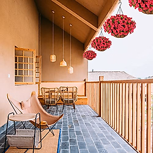 Ammyoo Artificial Hanging Flowers in Basket, Artificial Petunias Flower Arrangement,12 inch Coconut Lining Basket with Morning Glories Fake Plants for Patio Garden Porch Deck Decoration(Red)