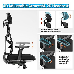 HOLLUDLE Ergonomic Office Chair with Adaptive Backrest, High Back Computer Desk Chair with 4D Armrests, Adjustable Seat Depth, Lumbar Support and 2D Headrest, Swivel Task Chair, Black