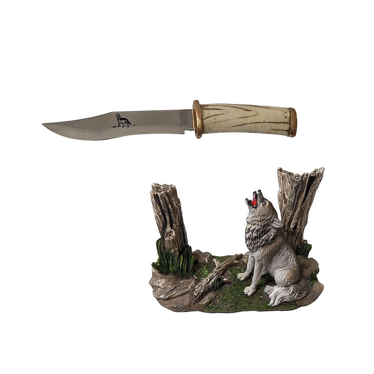 BestGiftEver Decorative Hunting Blade Knife with Wolf Display Stand - Hunting Cabin Home Decoration