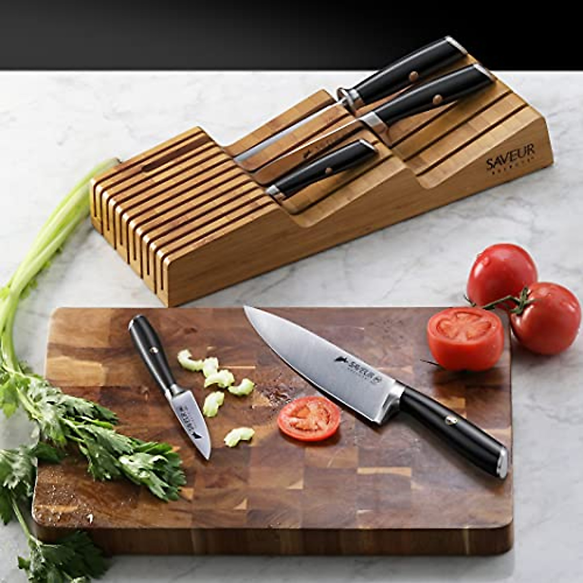 Saveur Selects 1026306 German Steel Forged 6-Piece Knife Set with Bamboo in Drawer Storage Knife Block