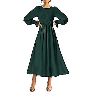 dowerme Women Casual Petal Long Sleeve Crewneck Smocked A-Line Flowy Solid Maxi Dress Fall Winter Party Cocktail Dresses(Solid Dark Green,Small)