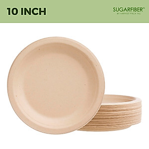 [500 COUNT]Sugarfiber by Harvest Pack 10-inch Round Disposable Compostable Paper Plates, Heavy-Duty Natural Bagasse Biodegradable Plate, Made From Eco-Friendly Sugarcane Plant Fibers
