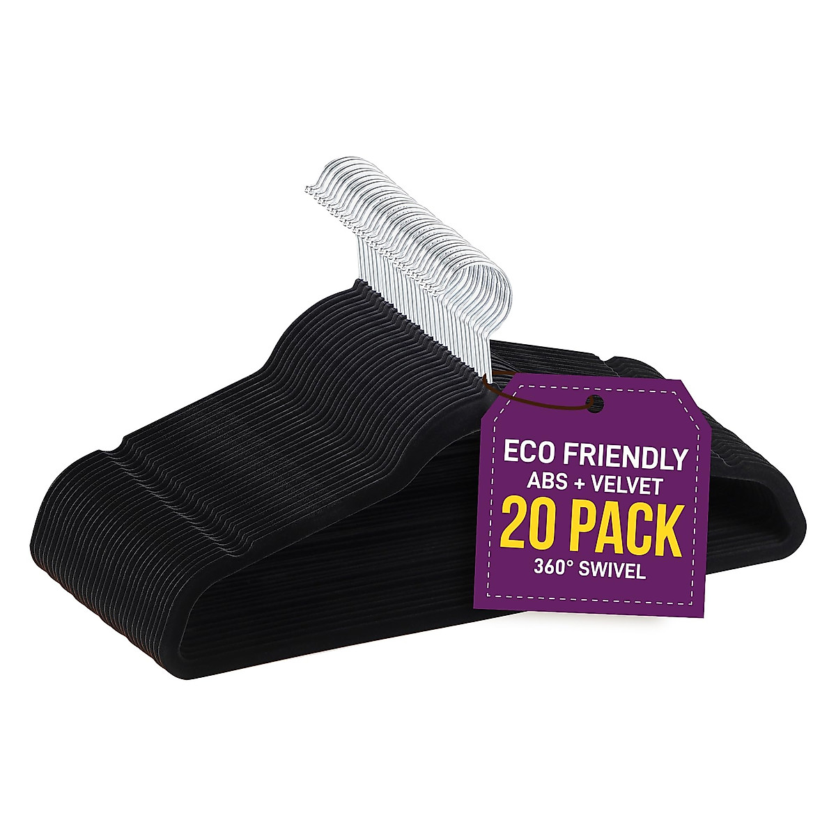 Lifemaster Velvet Non-Slip Plastic Hanger Set - 20 Pieces Non-Slip Clothes Hanger Set with 360° Swivel Hook, Space-Saving, Sleek Design, Smooth Velvet Finish, Lightweight Construction - Black