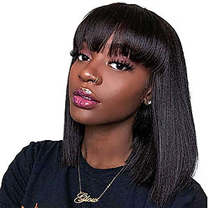 Cecycocy 14” Short Bob Wigs Brazilian Straight Human Hair Wigs With Bangs 100% Remy Human Hair Wigs 180% Density None Lace Front Wigs Glueless Machine Made Wigs For black Women