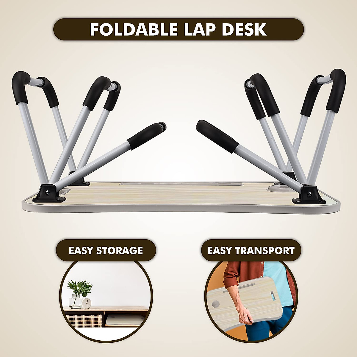 Folding Lap Desk for Bed and Sofa - Portable Wide Surface Bed Desk with Built-in Cup Holder and Tablet or Phone Slot for Working, Studying, Eating, and Watching Movies (Beige)