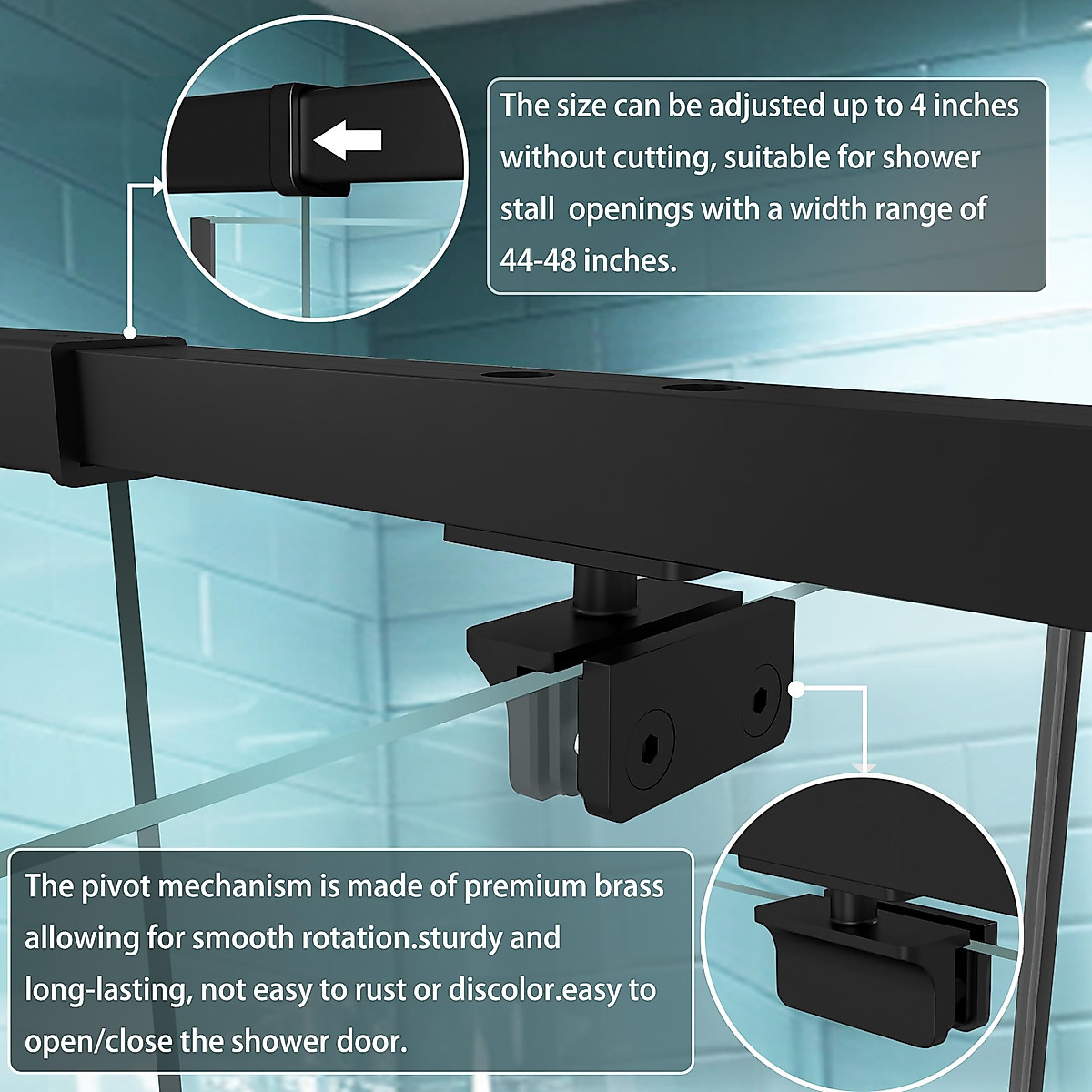 GroGro 44-48" W x 71" H Piovt Swing Glass Shower Door,Pivot Semi-Frameless Glass Shower Door with 1/4"(6mm) Clear SGCC Tempered Glass,Matte Black Finish Shower Doors,Reversible Installation