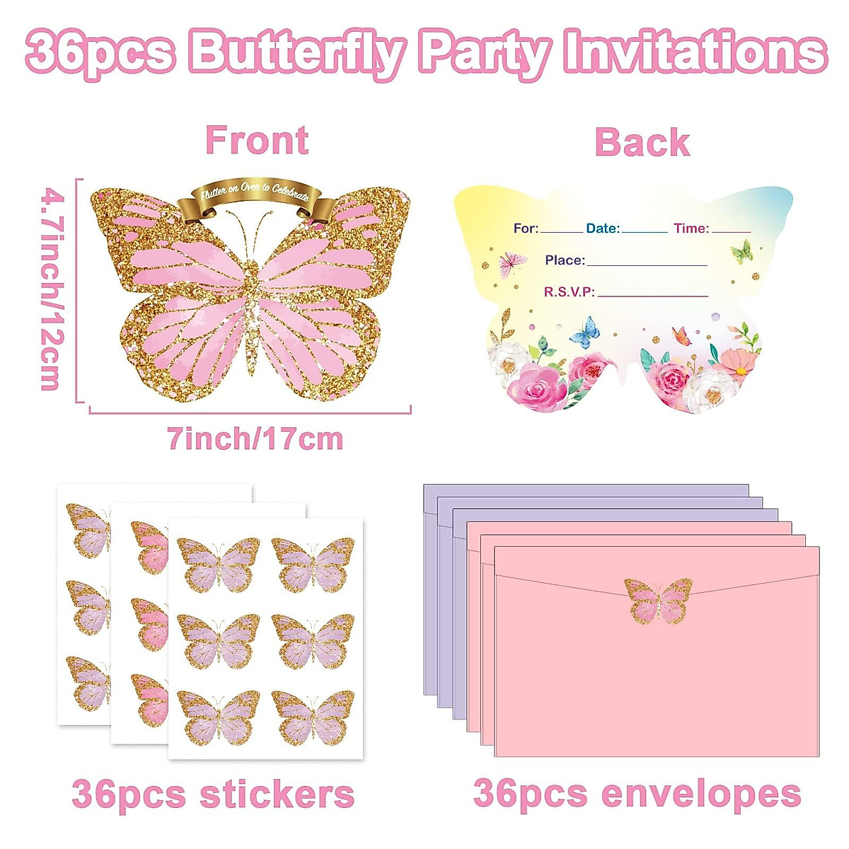 Qyeahkj 36pcs Butterfly Birthday Invitations for Girls with Envelopes Stickers Floral Butterfly Party Celebration Party Supplies Favors for Kids Boys Baby Shower Wedding Decorations
