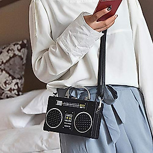 CLARA Vintage Radio Shaped Crossbody Bag Clip Clasp Shoulder Bag PU Leather Top Handle Purse Black