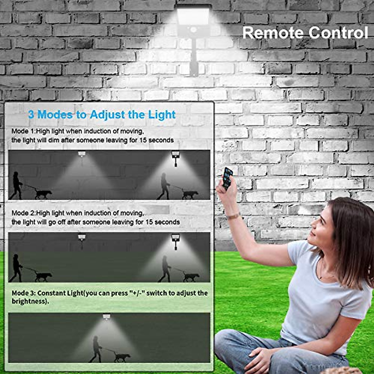 Aqonsie 56LED Remote Solar Flood Light, Outside Security Motion Sensor Lights with Remote, 3 Lighting Modes with Remote for Backyard Gutter Garage Shed 2 Pack